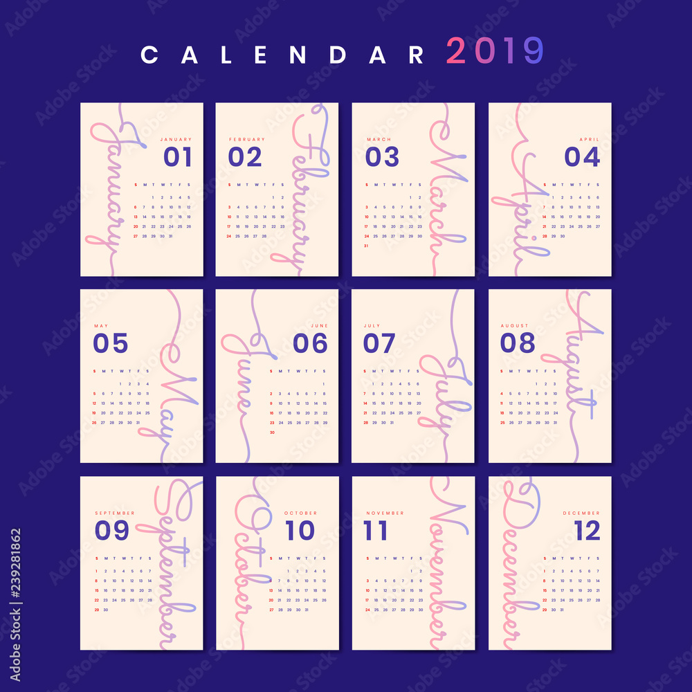 Cursive design calendar mockup Stock Vector | Adobe Stock