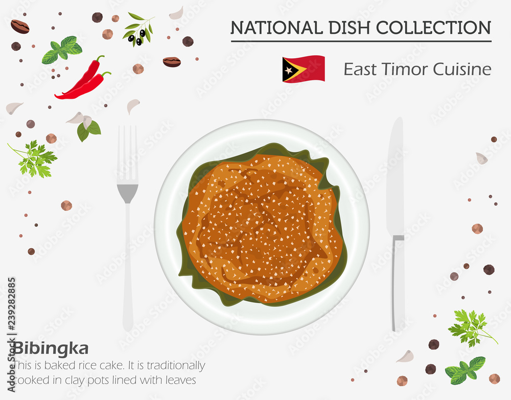 East Timor Cuisine. Asian national dish collection. Bibingka isolated ...
