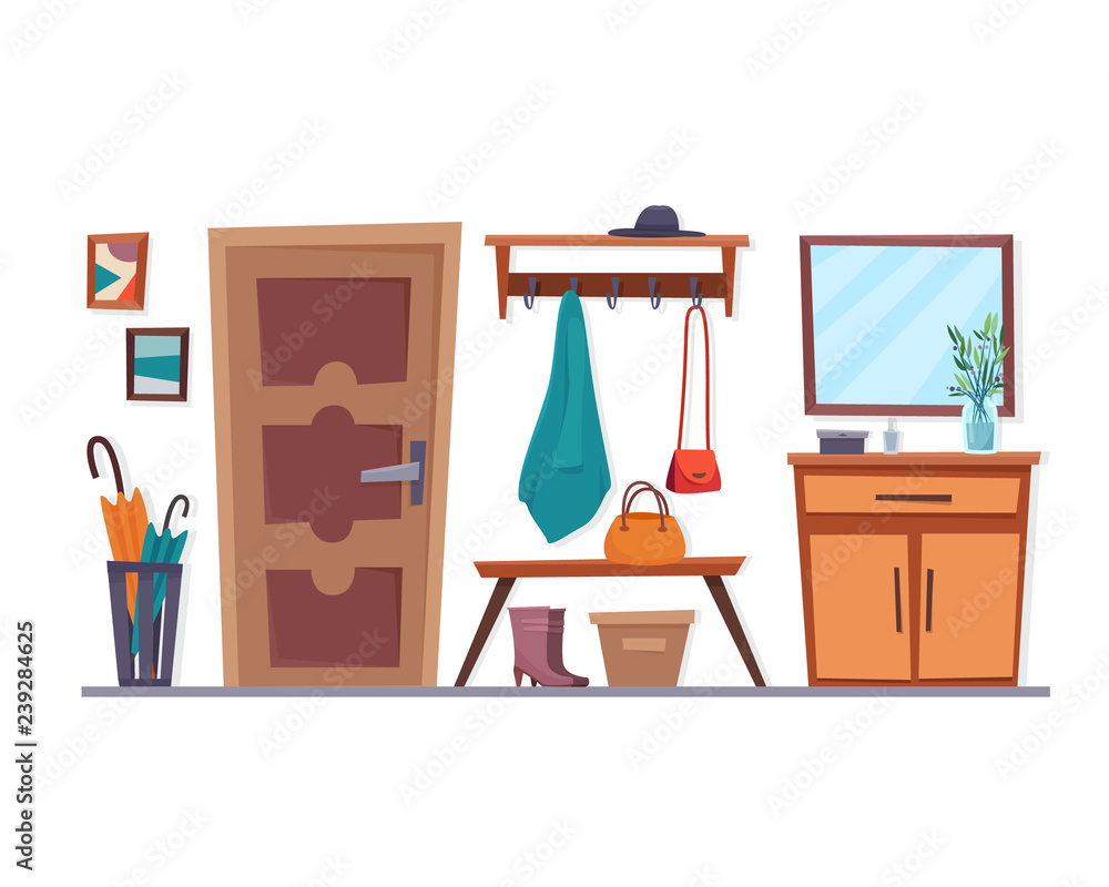 Hallway interior with furniture. Flat cartoon style vector illustration ...