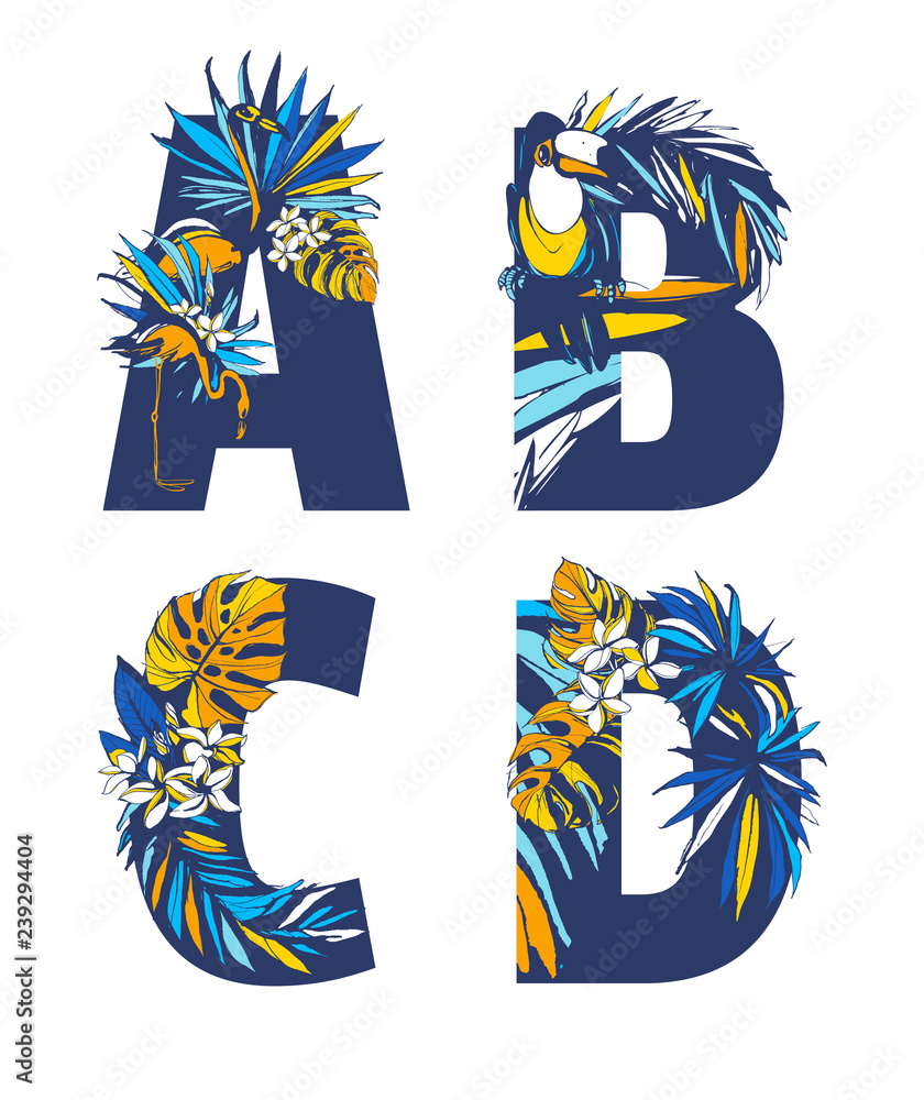 Decorative set tropical pattern letters alphabet font hand drawn floral ...
