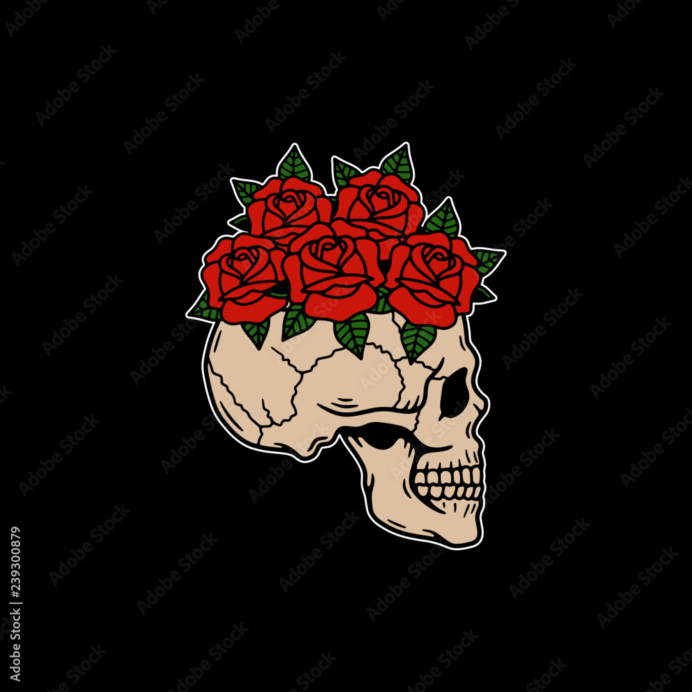 ROSES IN SKULL BLACK BACKGROUND Stock Vector | Adobe Stock