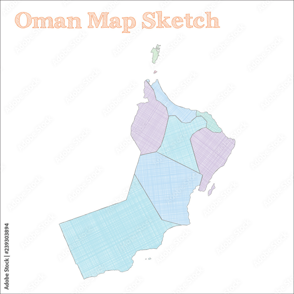 Oman map. Hand-drawn country. Vibrant sketchy Oman map with regions ...