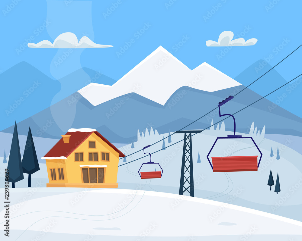 Ski resort with lift, house and winter mountains landscape. Flat ...