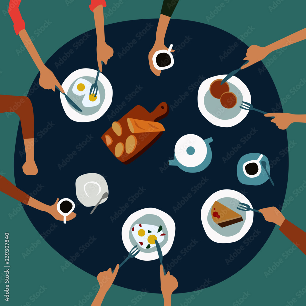 Family dinner top view illustration. Dinner table background. Vector ...