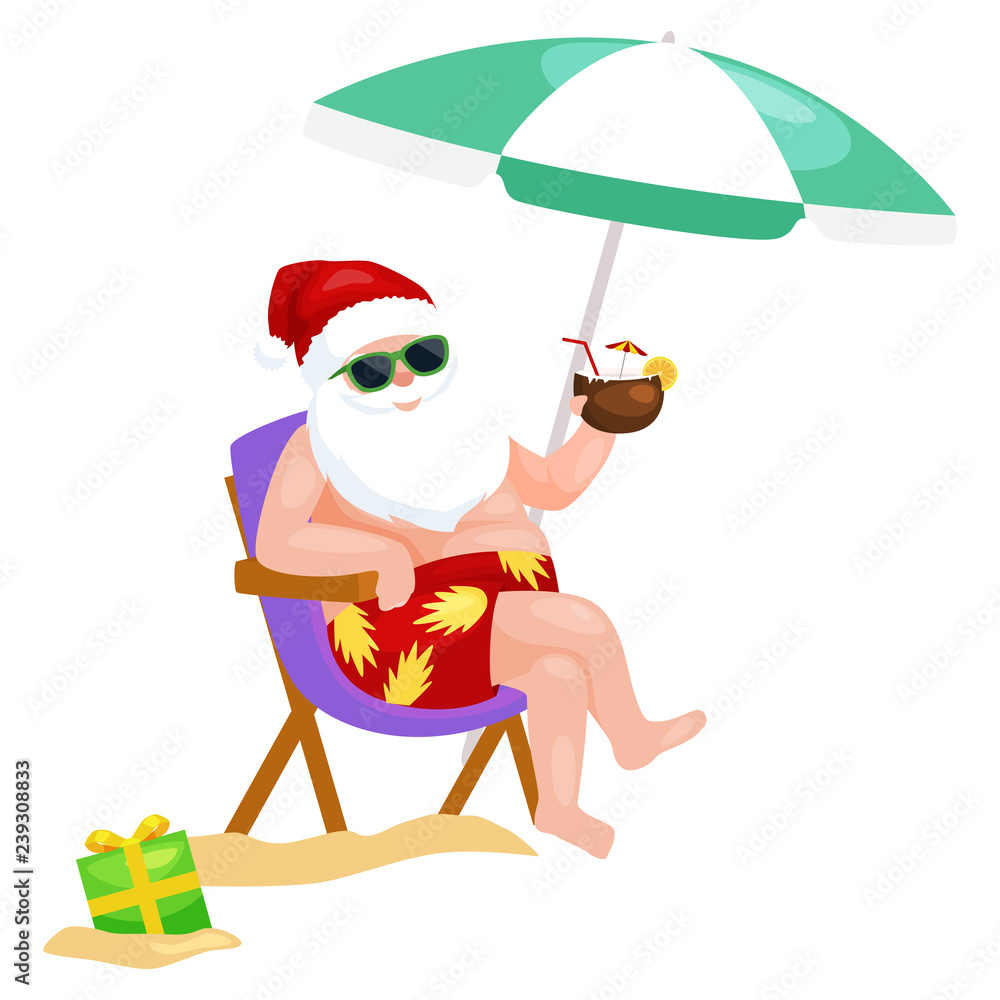 Cartoon santa claus in swimsuit sitting in chair with tasty cocktail ...