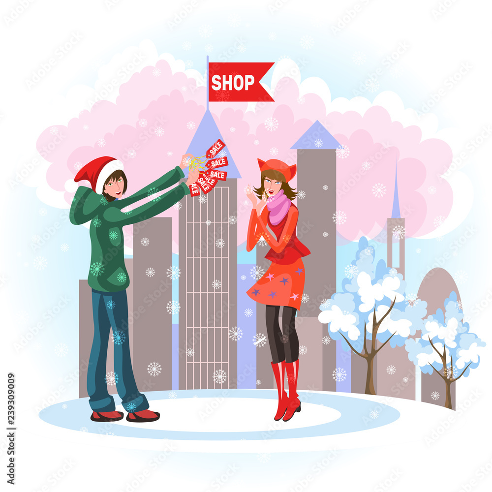 Cartoon happy boyfriend showing sales in shopping Stock Vector | Adobe ...