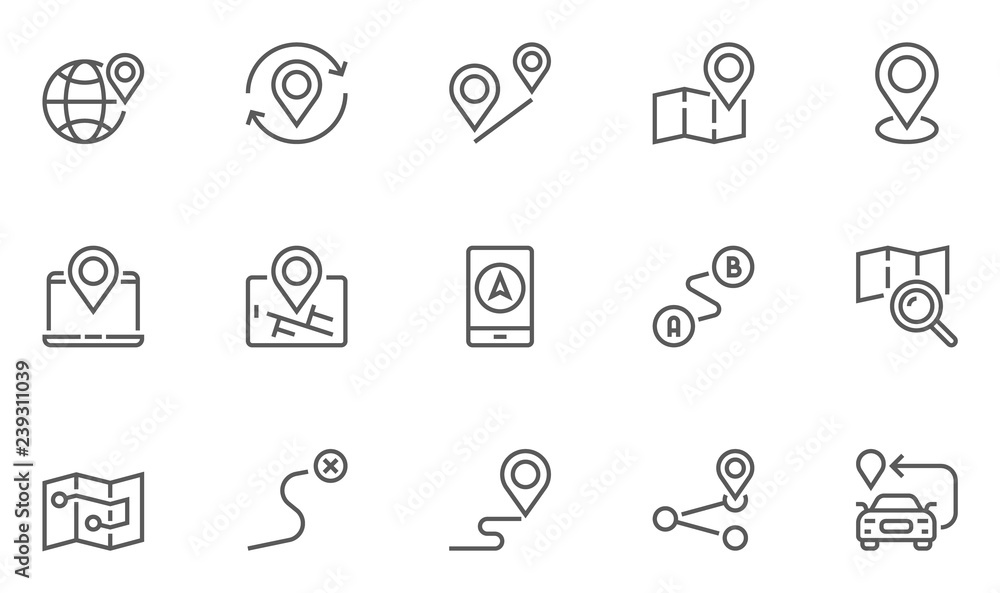 Navigation, Location and Map Line Vector Icons Set. Contains Map with a ...