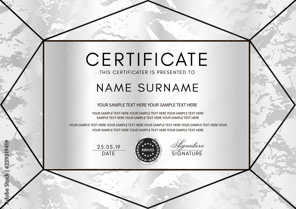 Silver certificate vector template. Black triangle (geometric) pattern ...