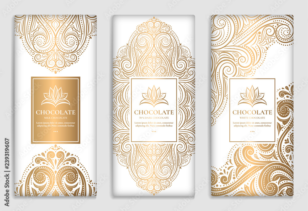 Luxury golden packaging design of chocolate bars. Vintage ornament ...
