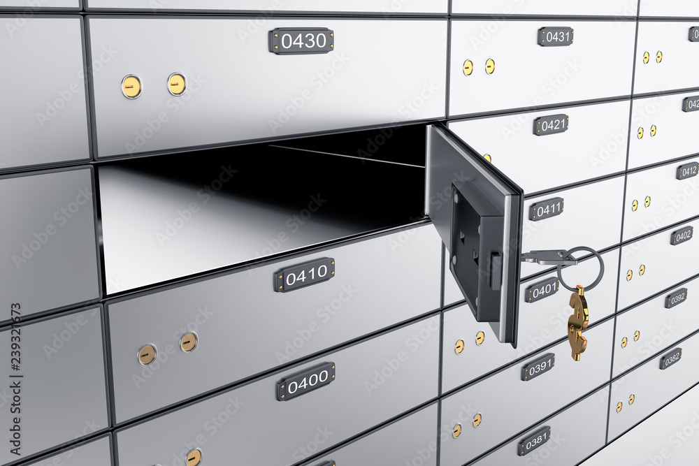 Safe deposit boxes with open one safe cell. 3D rendering. Safe lockers ...