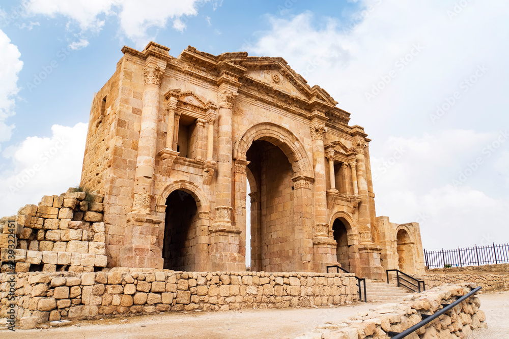 The Arch of Hadrian in Jerash, Jordan is an 11-metre high triple-arched ...