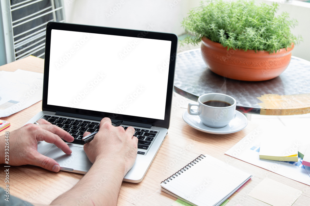 Business man using working online digital laptop with blank screen on ...