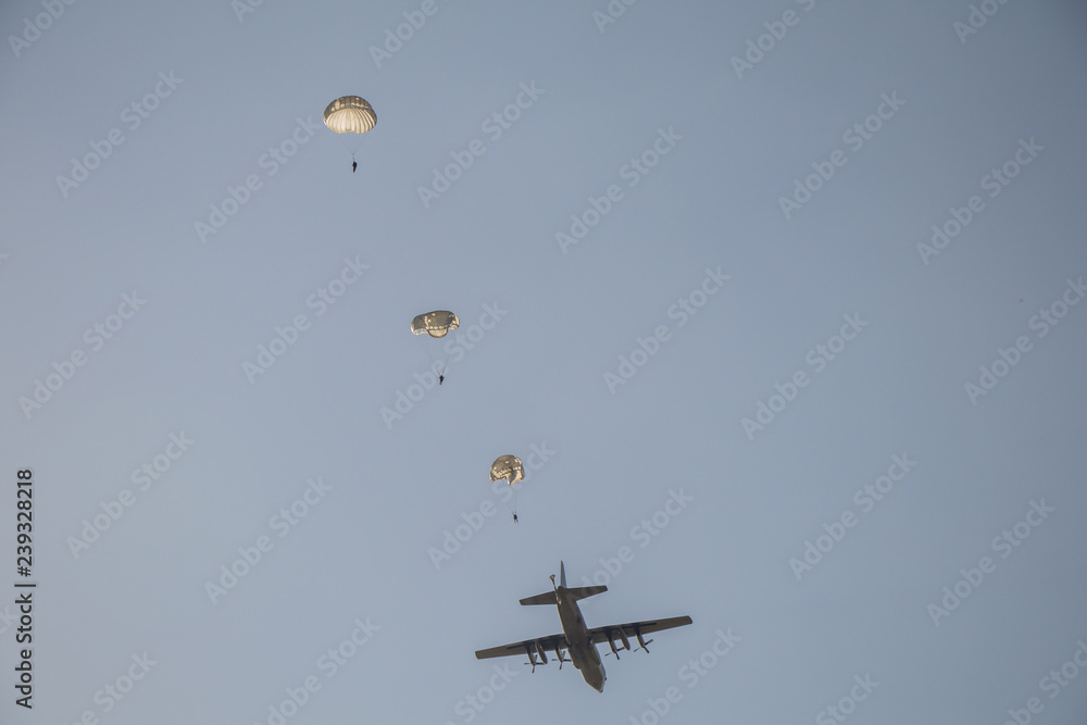 Jump of paratrooper with white parachute, Military parachute jumper in ...