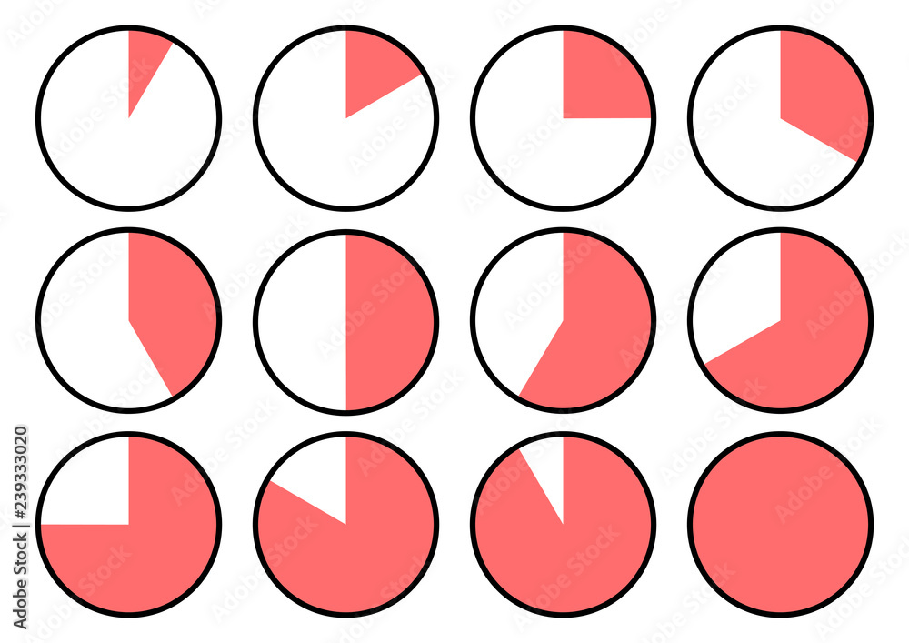 Set of clock icons showing different time. Red segments. Vector ...