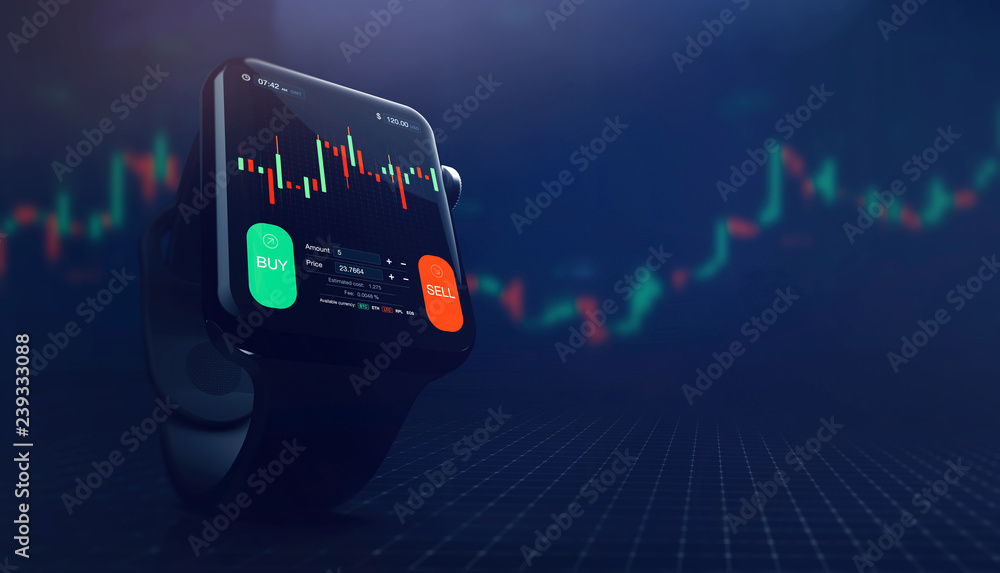 Modern stock exchange scene with smart watch, chart and BUY and SELL ...