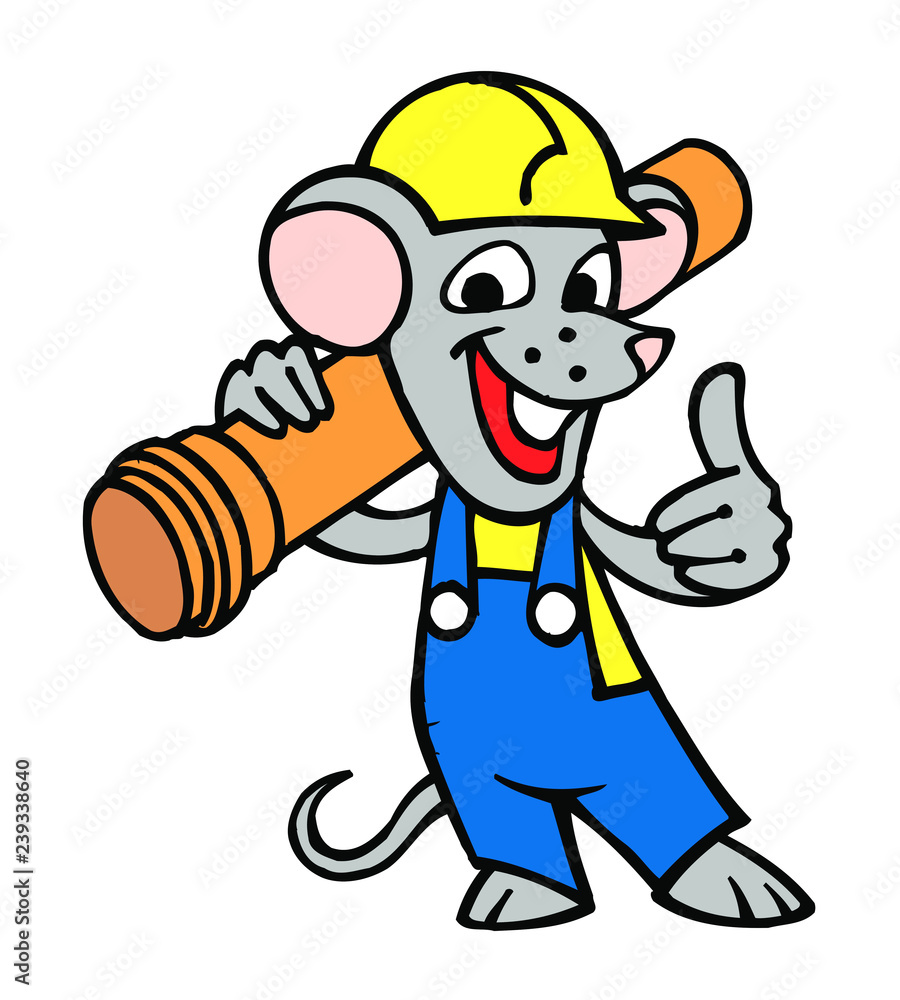 mouse mascot worker with safety helmet carrying a pipe and showing ...