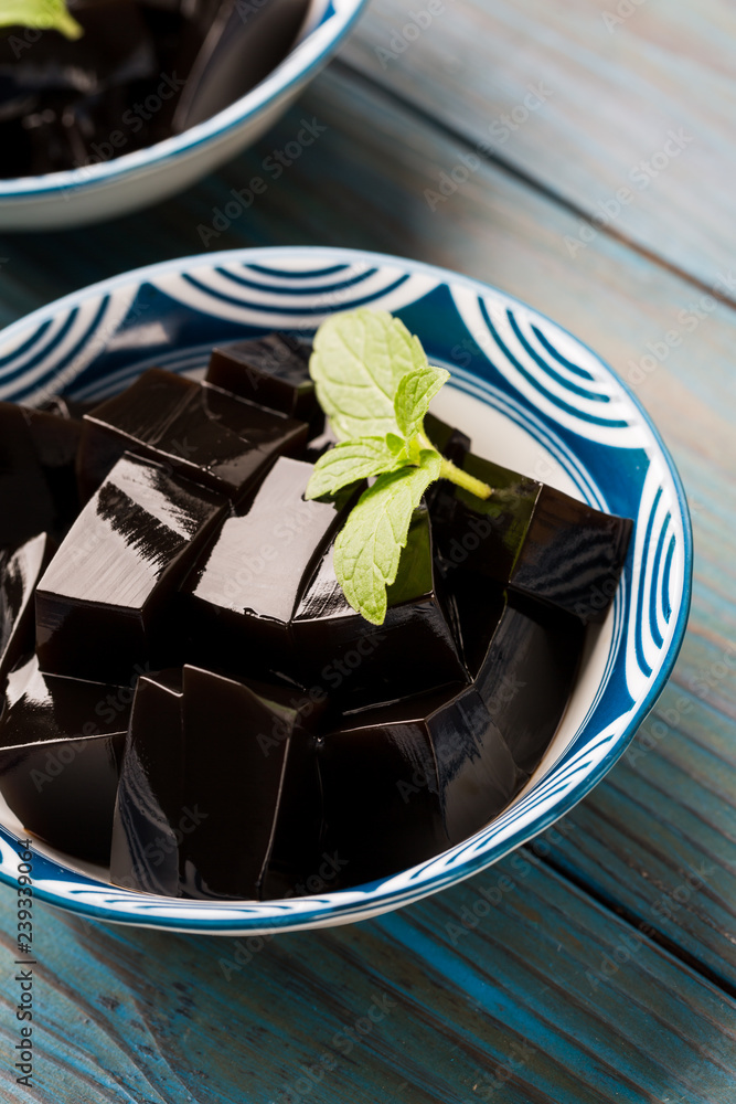 Closeup of traditional Chinese herb food Guiling Jelly. Guilinggao, a ...