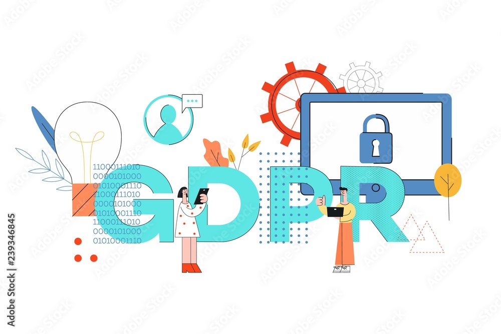 Vector illustration of GDPR word design with man and woman using ...