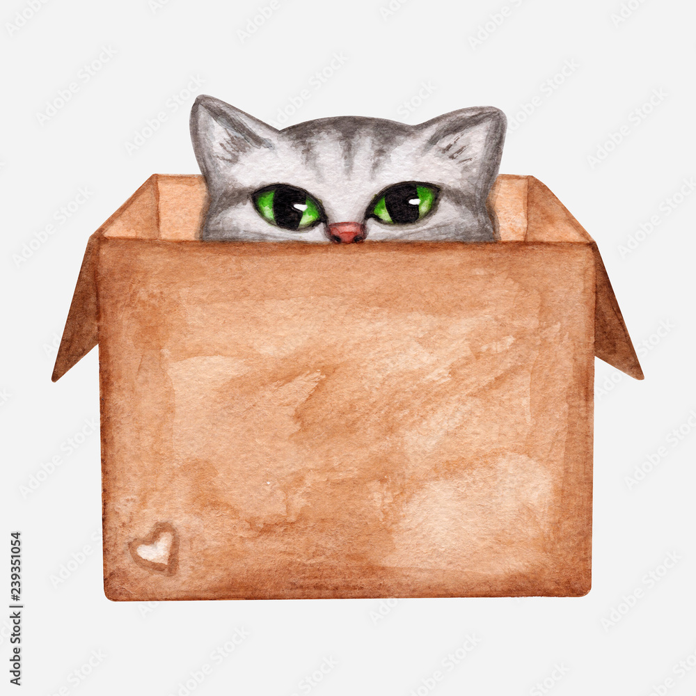 Cute kitten in carton box, cute cat. Brown paper container. Hand drawn ...