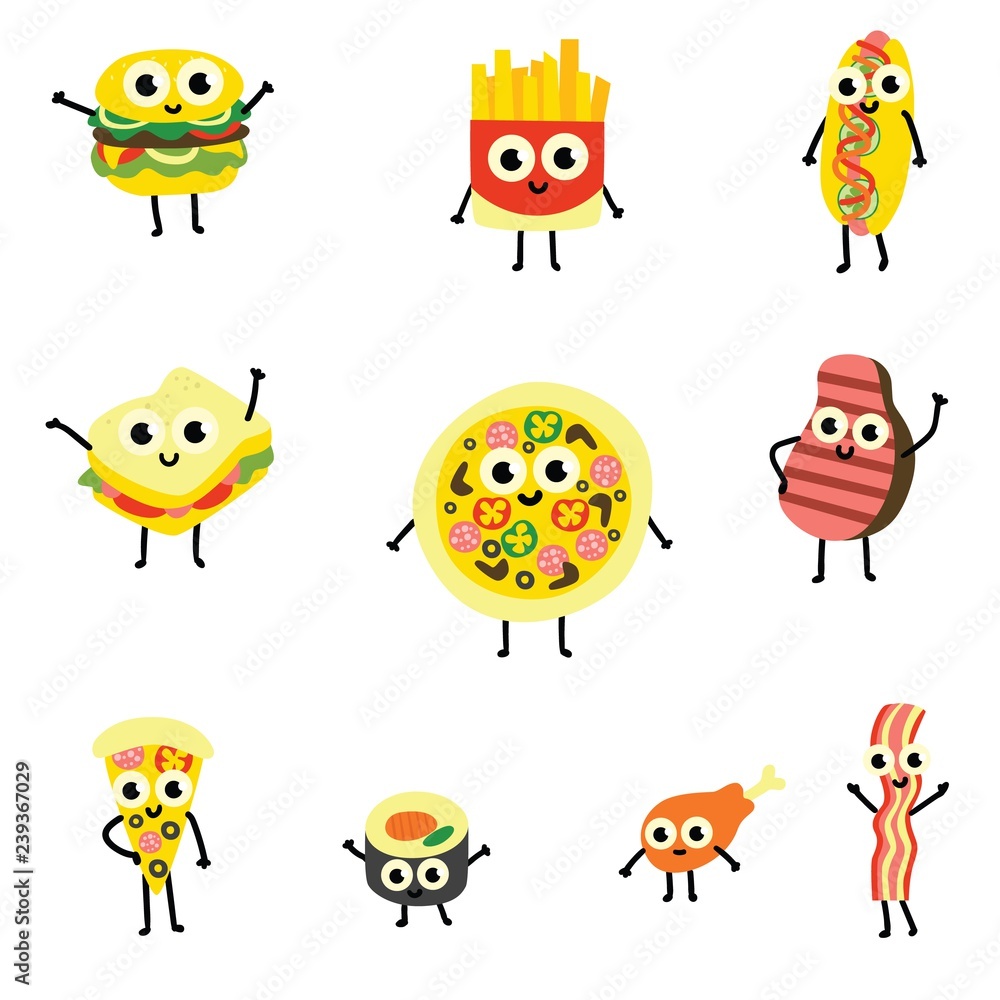 Vector illustration set of food cartoon characters in flat style - cute ...