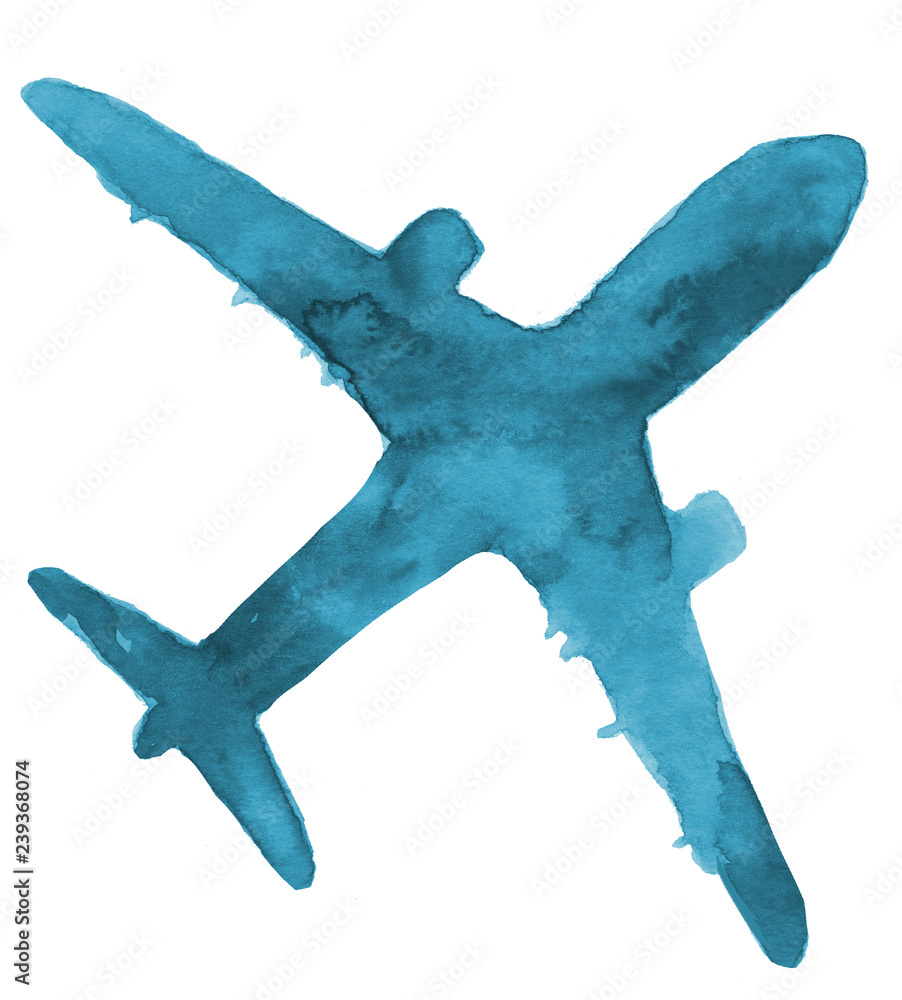 Watercolor bright illustration of blue plane on an isolated white ...