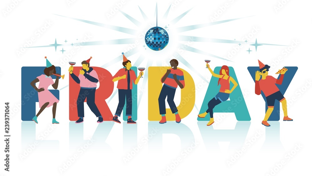Vector illustration of friday party invitation or banner with big word ...