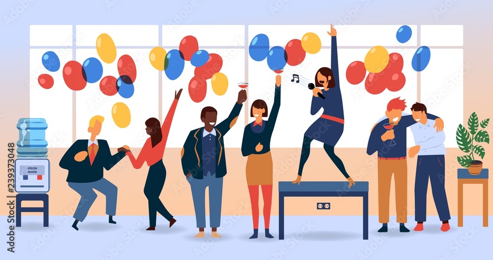 Vector flat funny women, men in suit having fun at corporate party ...
