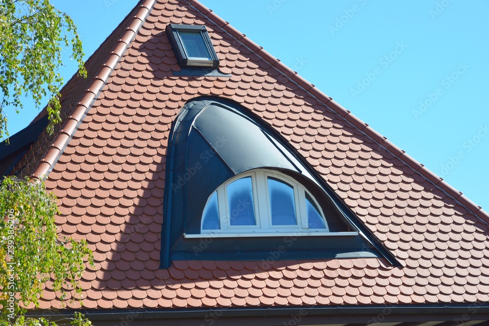 Stehfalz-Metall- Rundbogengaube und Dachfenster in einem mit ...