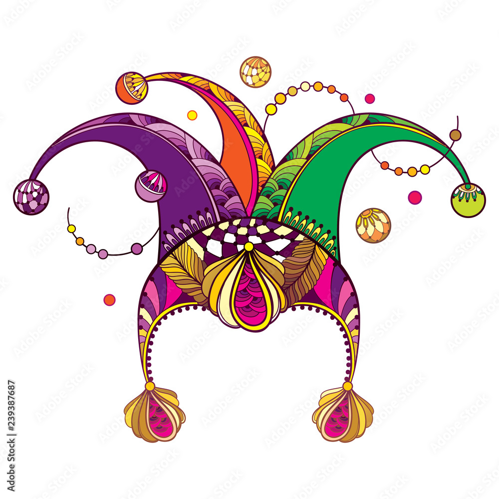 Vector outline clown or harlequin cap in green, purple and yellow with ...