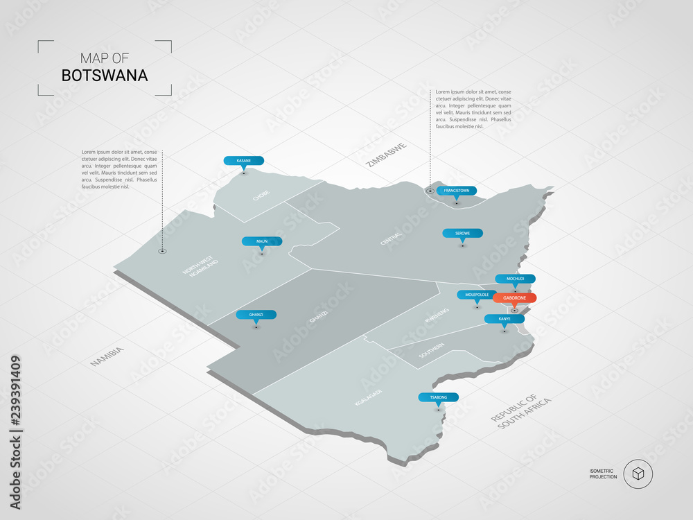 Isometric 3D Botswana map. Stylized vector map illustration with cities ...