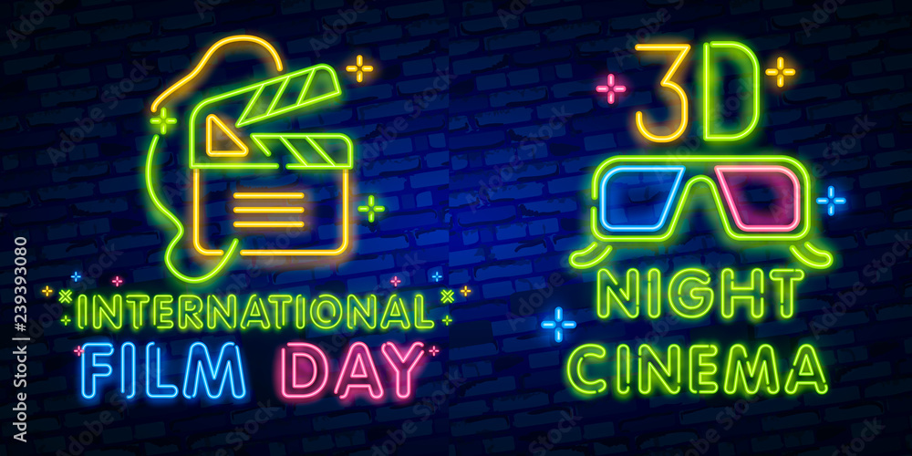 World Cinema Day December 28 illustration neon sing, label and logo ...