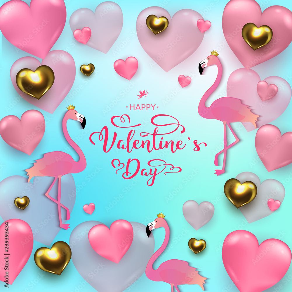 Happy Valentine's Day background, gold and pink hearts, flamingos on ...