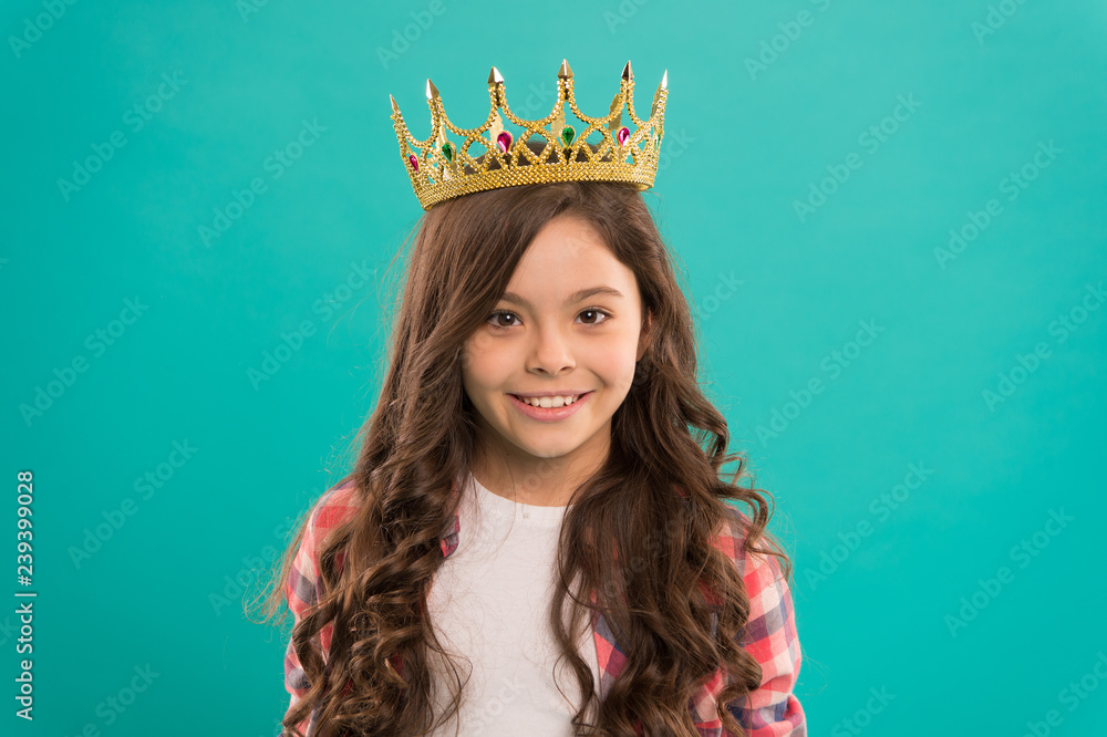 Kid wear golden crown symbol of princess. Girl cute baby wear crown ...