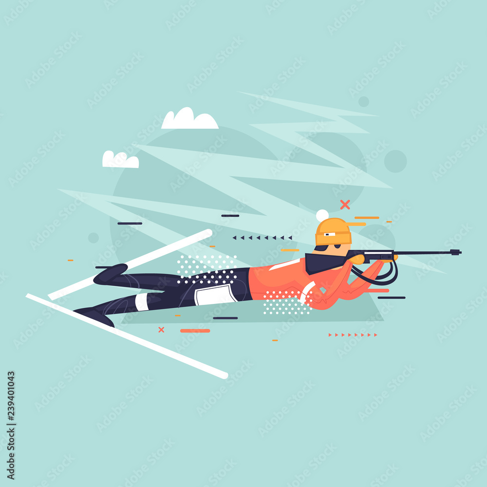 Biathlon, athlete shoots, winter, sport. Flat vector illustration in ...