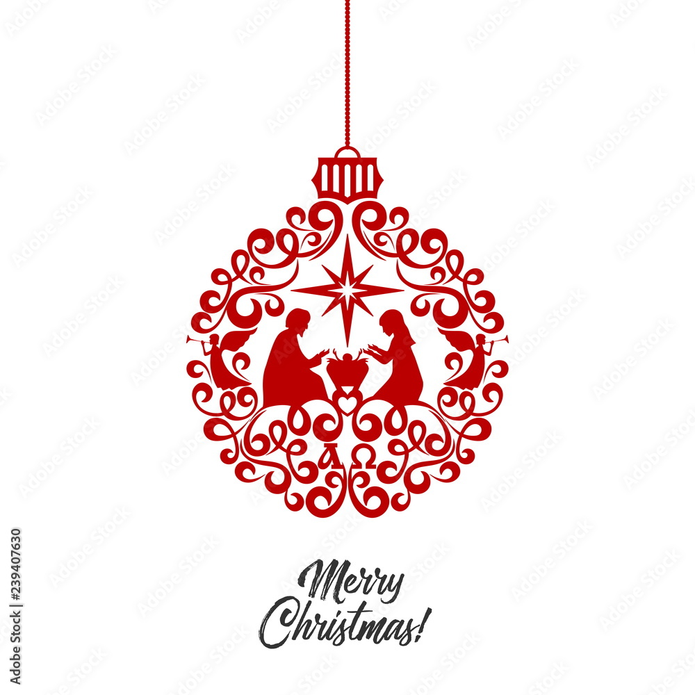 Christmas story. Mary and Joseph with the baby Jesus. Angels herald ...