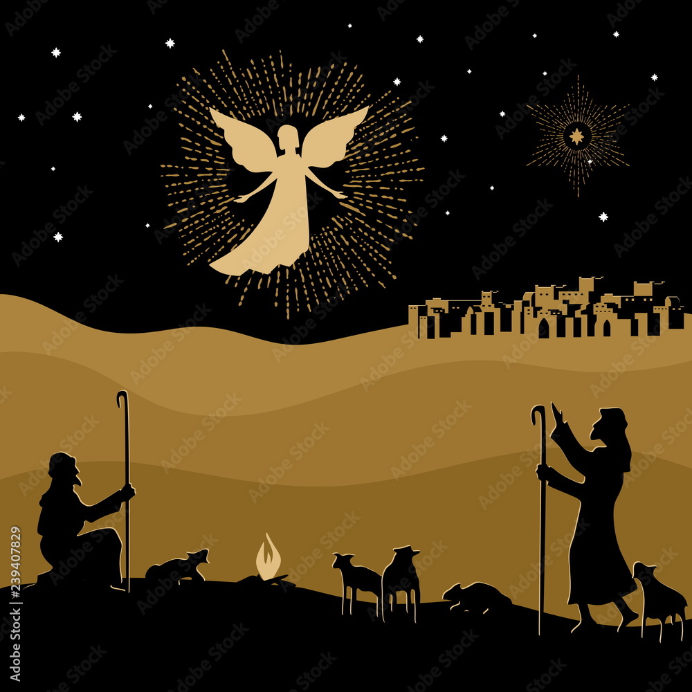 Christmas story. Night Bethlehem. An angel appeared to the shepherds to ...