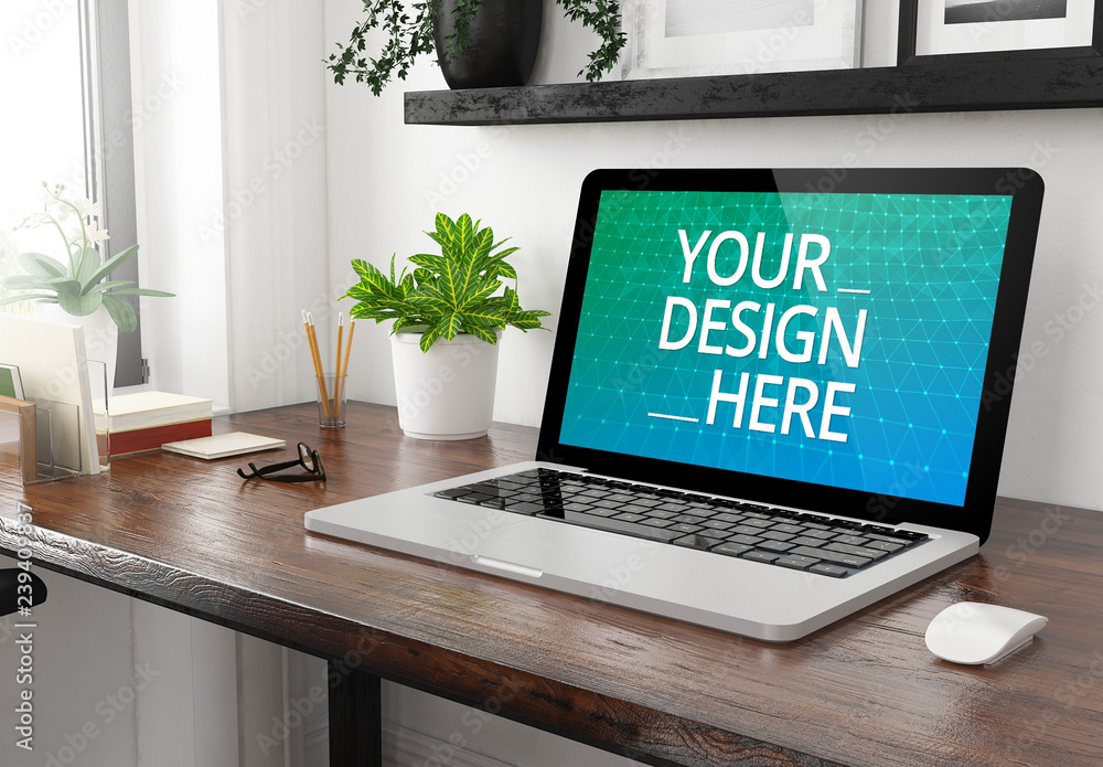 Laptop on Wooden Desk Mockup Stock Template | Adobe Stock
