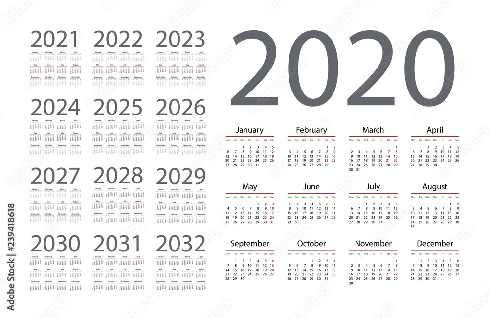 Simple calendar 2020 on white background. Vector illustration Stock ...