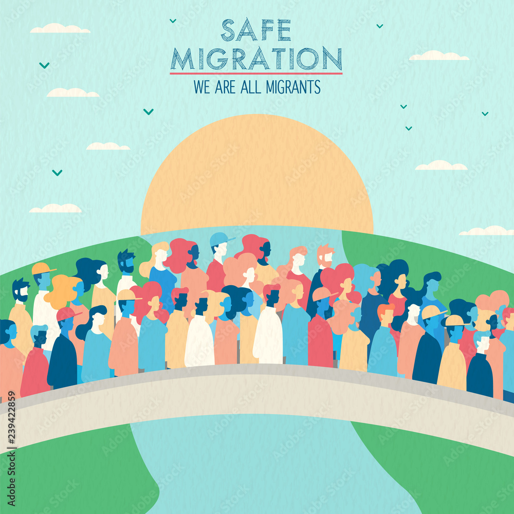 Safe migration concept of people crossing bridge Stock Vector | Adobe Stock