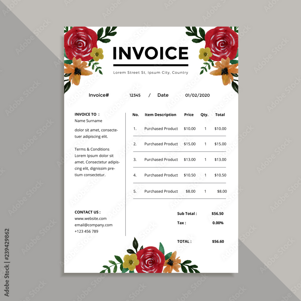beautiful invoice design with watercolor flower ornament Stock Vector ...