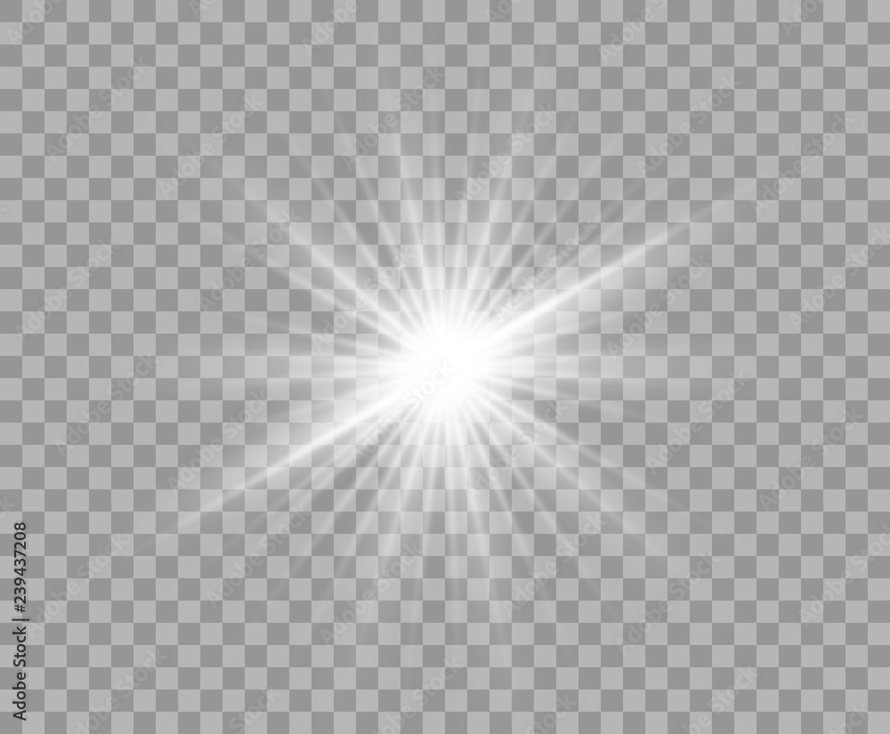 White luminous transparent light. Vector Christmas star, a bright flash ...