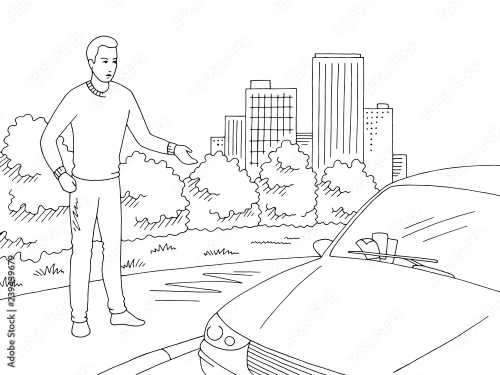 Man is distressed looking at the fines on the car graphic black white ...