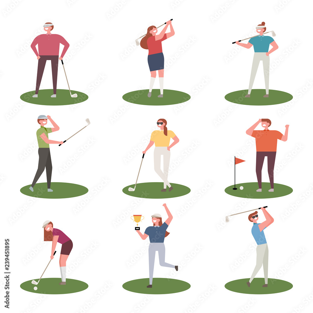 various poses golf player character set illustration. flat design ...