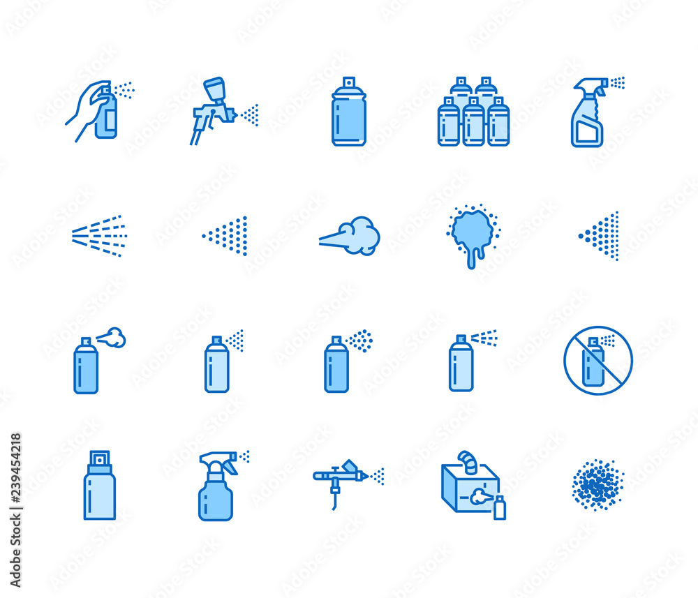 Spray can flat line icons set. Hand with aerosol, airbrush, powder ...