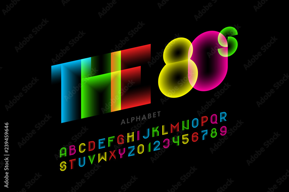 The 80s style font design, colorful alphabet letters and numbers Stock ...