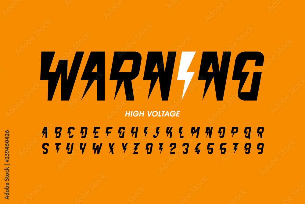 Warning! Hight voltage style font design, alphabet letters and numbers ...