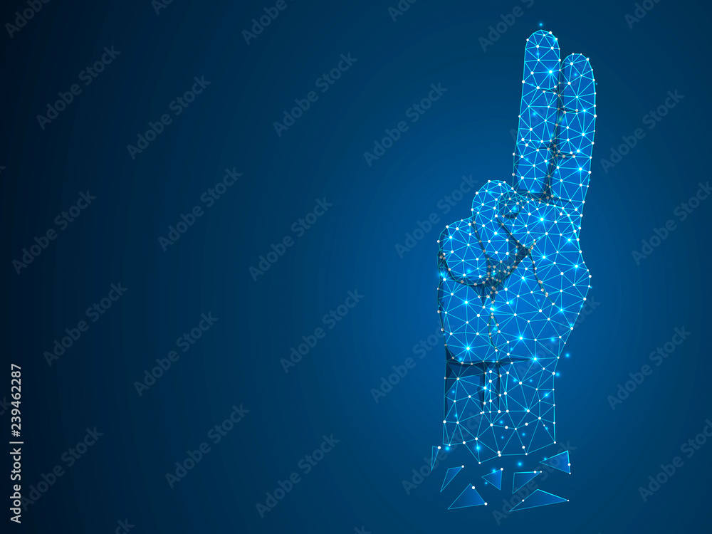 Sign language U letter, hand with two fingers pointing up. Polygonal ...