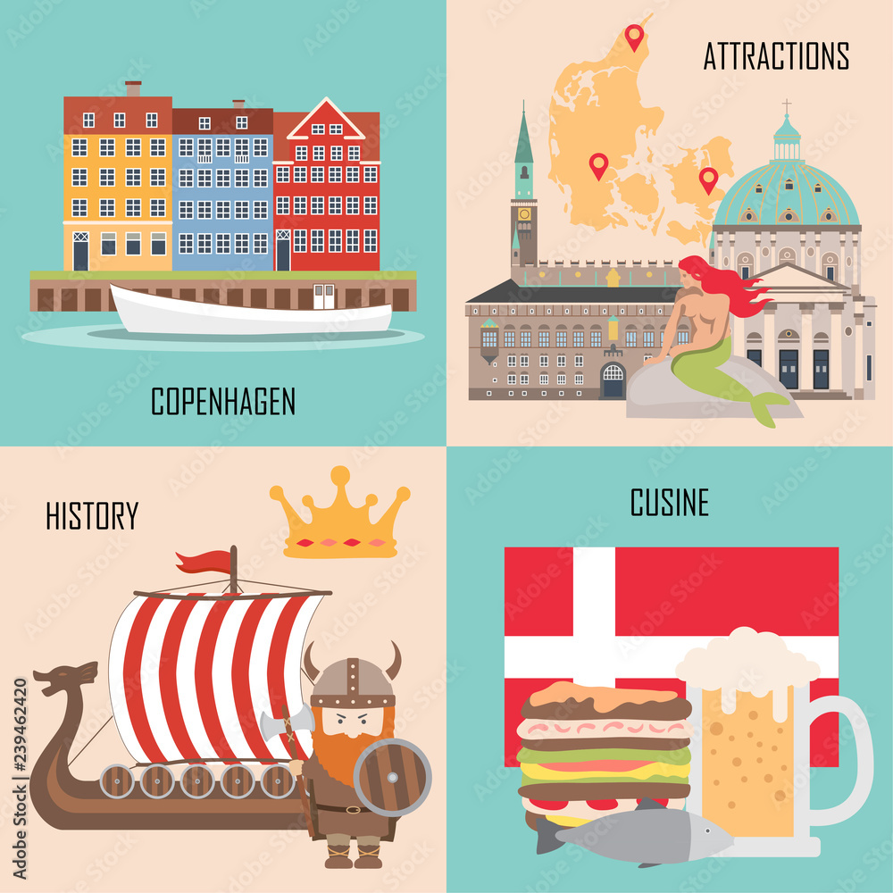 Denmark set with Copenhagen, traditional cuisine, history and na Stock ...