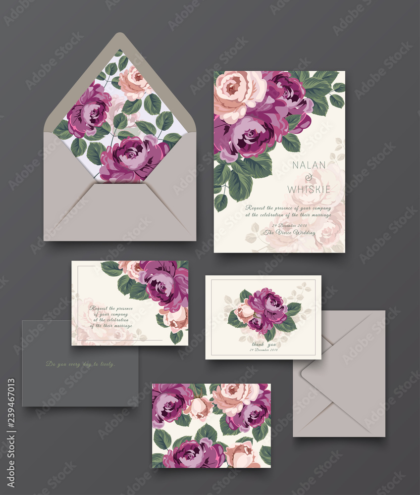Purple rose invitation card and letter collection template. Stock ...