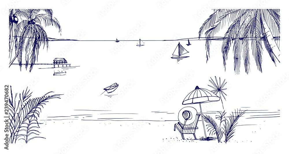 Hand drawn seaside landscape. Tropical resort with deck chair and ...